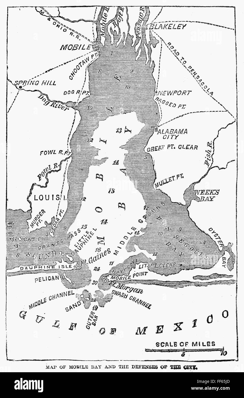 BATTLE OF MOBILE BAY, 1864. /nMap of the site of the Union naval ...