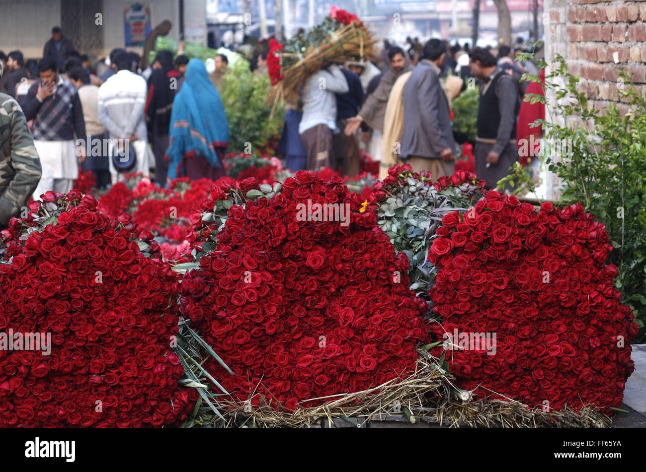 Lahore, Pakistan. 11th Feb, 2016. Pakistani flower vendor display fresh ...