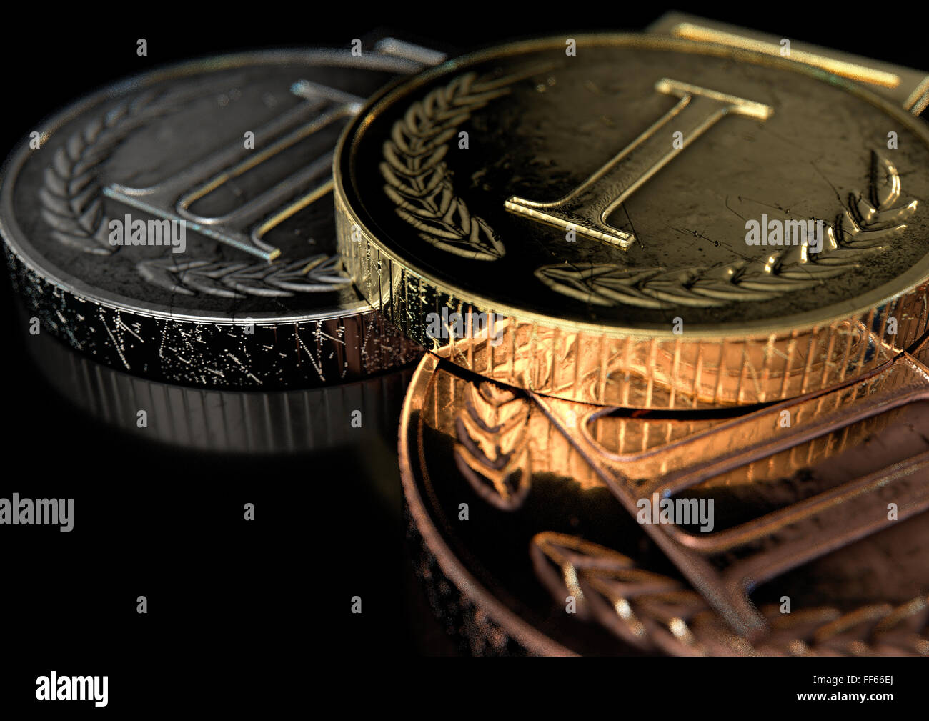 A closeup set of gold, silver and bronze medals on a dark background ...