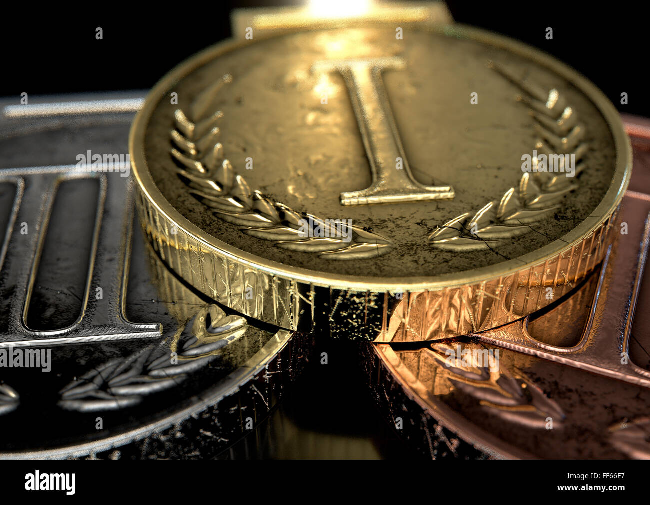 A closeup set of gold, silver and bronze medals on a dark background ...