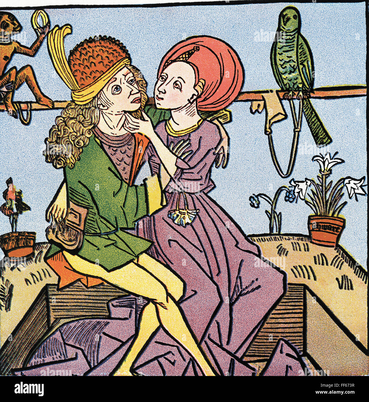 MEDIEVAL LOVERS. /nLovers embracing. Medieval woodcut Stock Photo - Alamy
