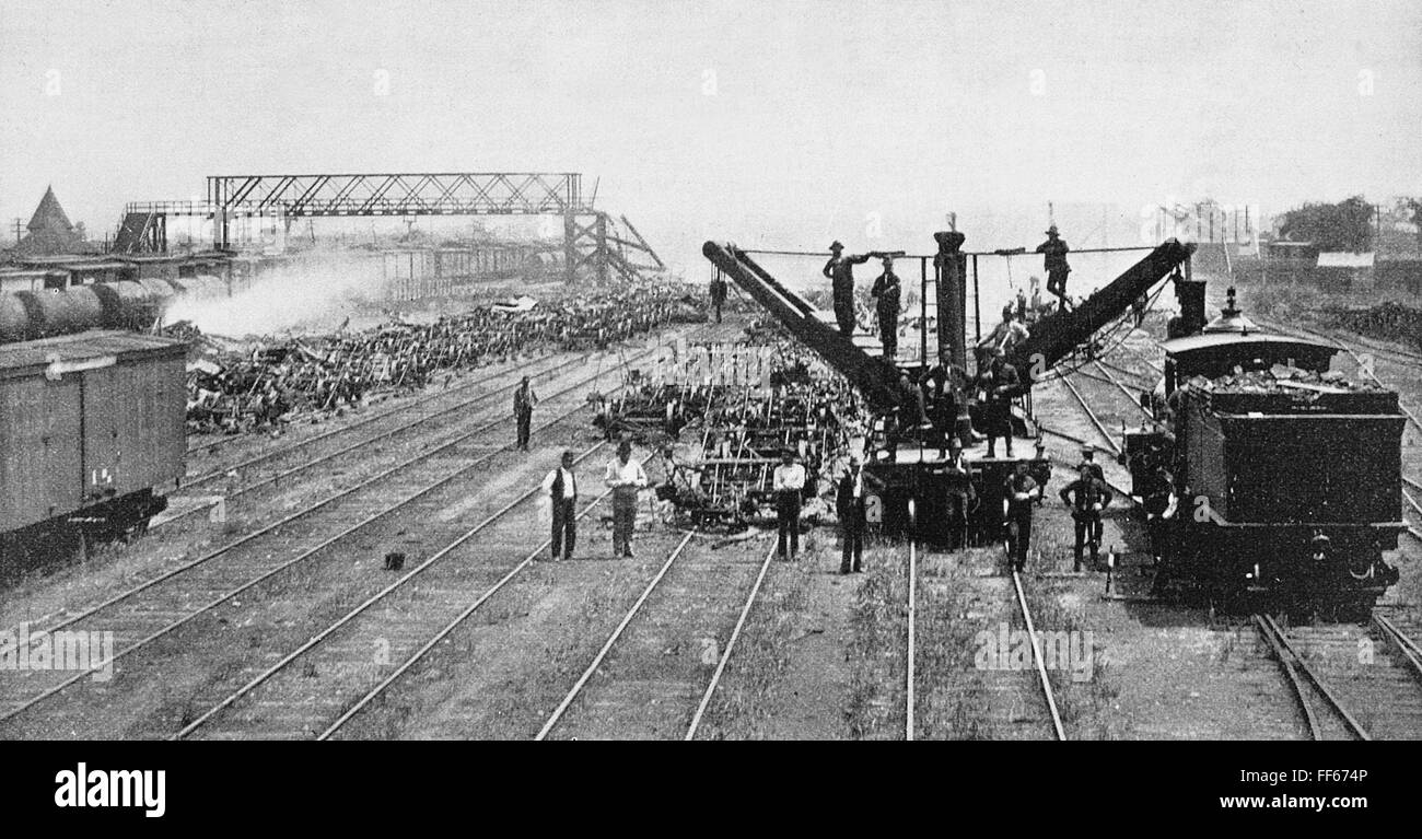 PULLMAN STRIKE, 1894. /nA wrecking-crew clearing a Chicago railway yard ...