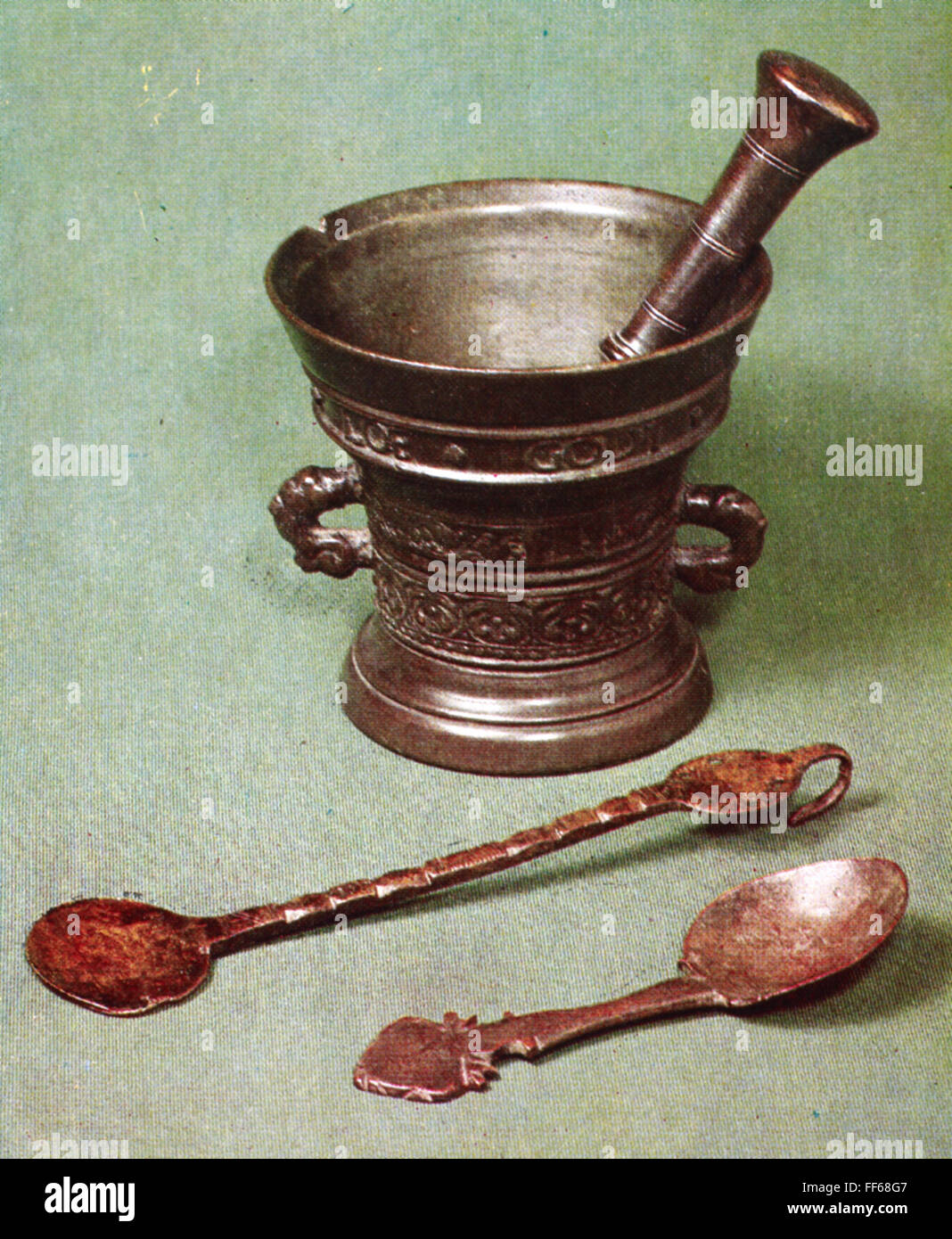 MORTAR AND PESTLE. /nDutch mortar, pestle, and powder spoons. Bronze ...