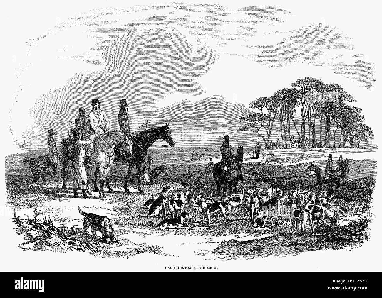HUNTING SCENE, 1851. /n'Hare hunting--the meet.' Wood engraving ...