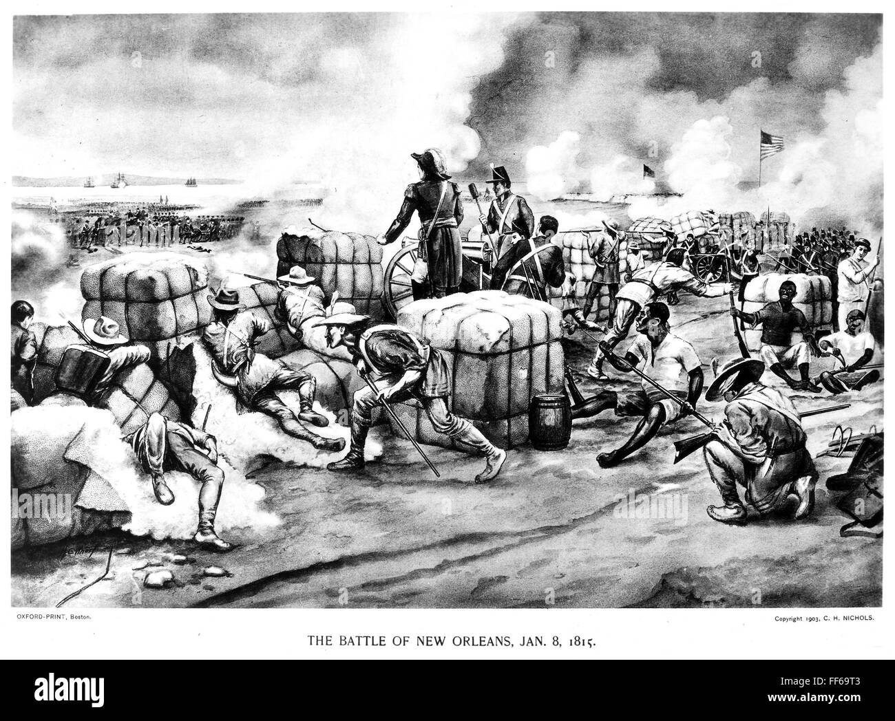 BATTLE OF NEW ORLEANS, 1815. /nGeneral Andrew Jackson (center, wearing cocked hat) commanding ...