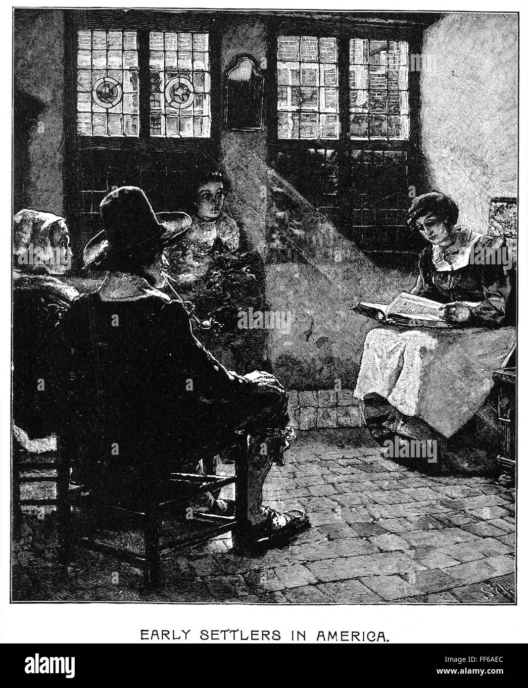 COLONISTS READING BIBLE. /nColonists reading the Bible on Sunday. Wood ...