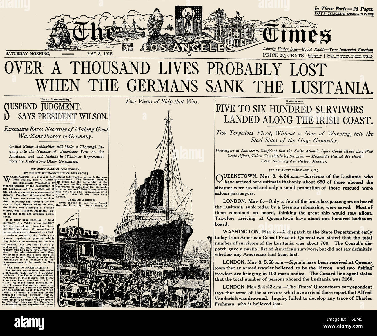 WORLD WAR I: LUSITANIA, 1915. /nThe front page of the Los Angeles ...