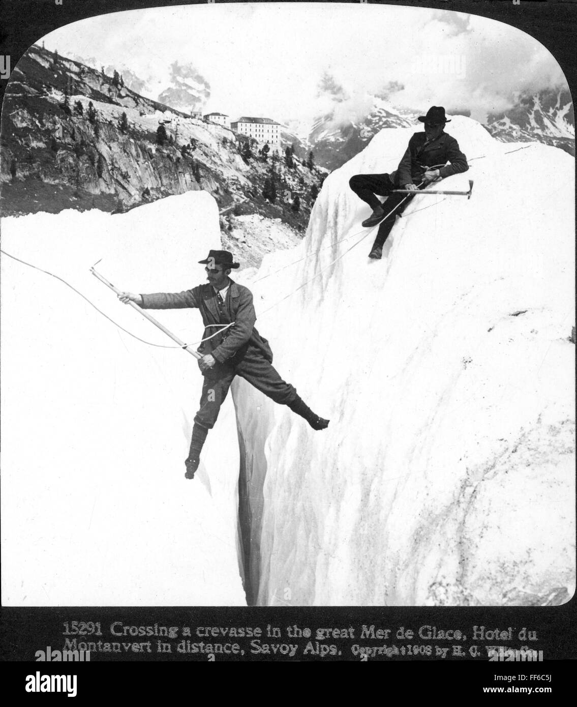 MOUNTAINEERING, 1908. /nCrossing a crevasse, Mer de Glace, Hotel du ...