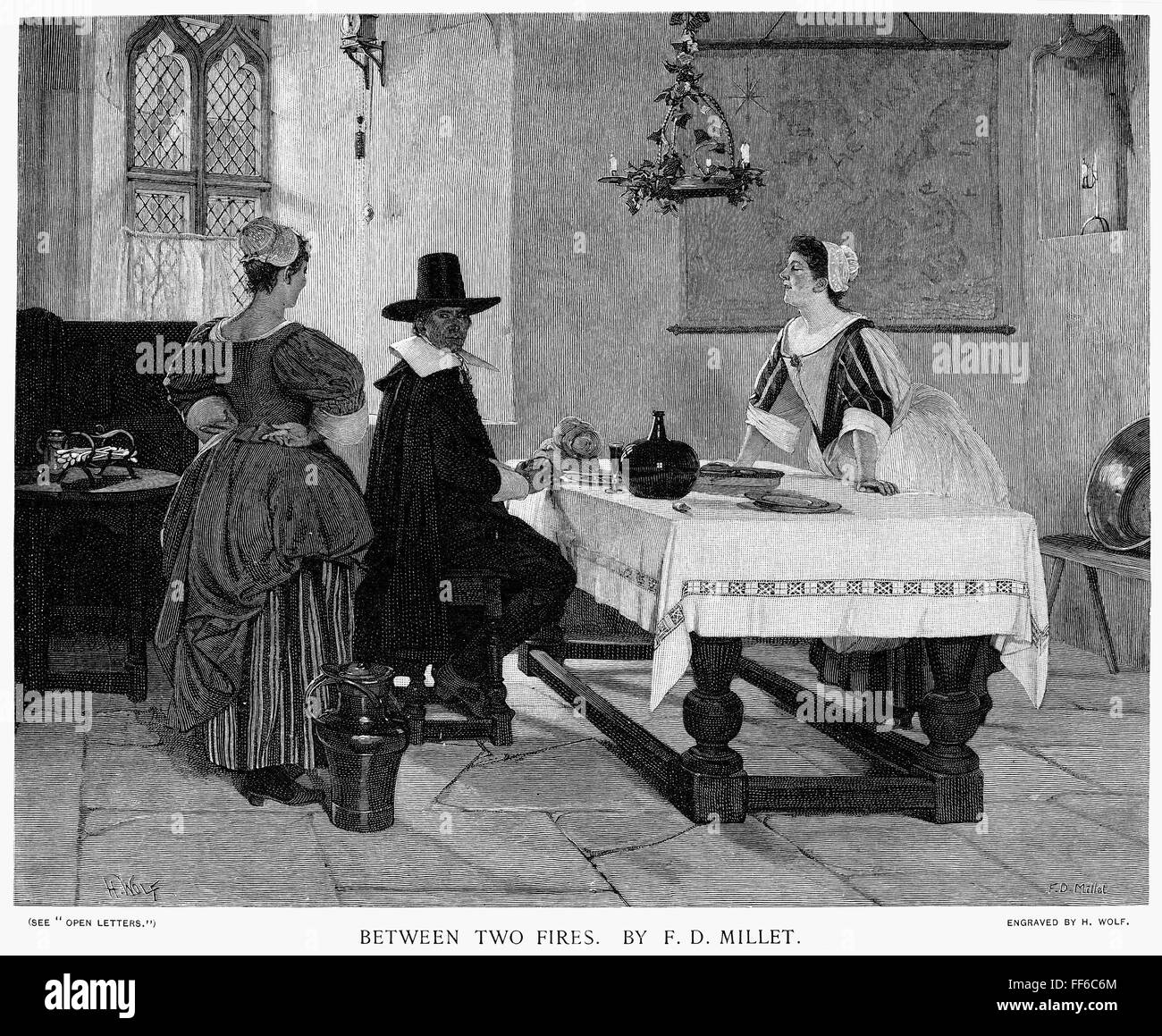 BETWEEN TWO FIRES, c1892. /nLine engraving after the painting, c1892 ...