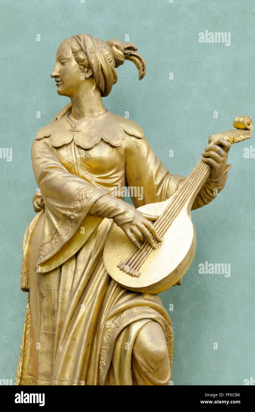 Gilded sandstone statue of a woman playing the lute, Chinese House ...