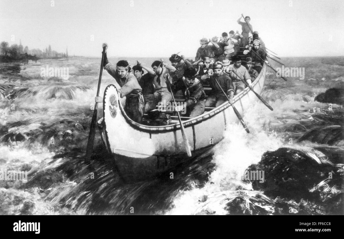 HOPKINS: RAPIDS, 1879. /n'Shooting the Rapids.' Oil on canvas by ...