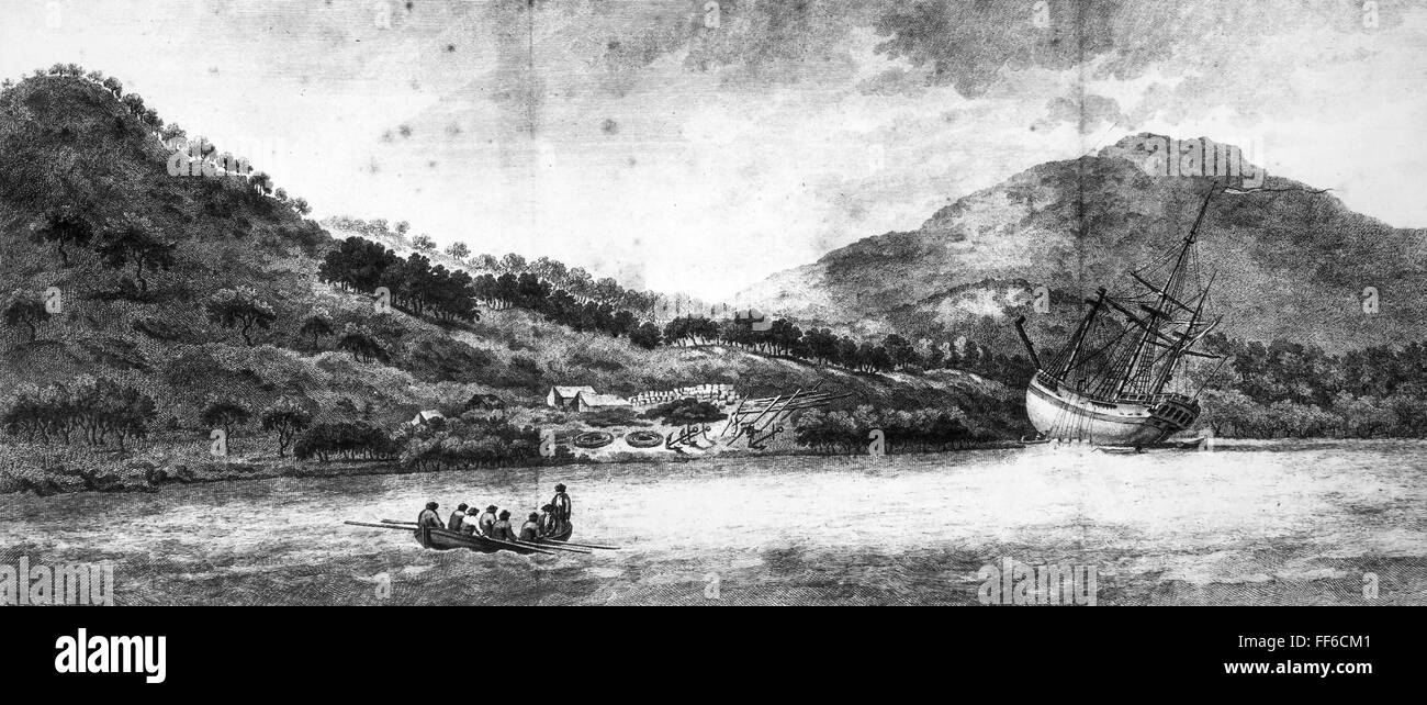 COOK'S FIRST VOYAGE, 1770. /nRefitting the H.M.S. 'Endeavour' at the ...