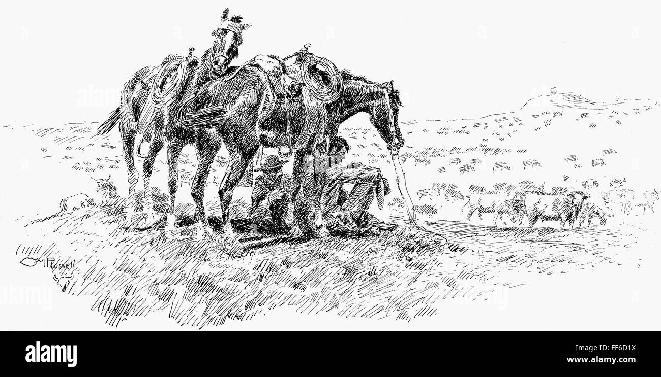 COWBOYS, 19th CENTURY. /n'Time to Talk.' Drawing by Charles M. Russell ...