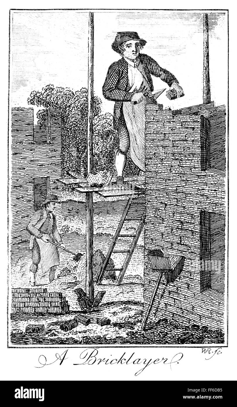 COLONIAL BRICKLAYER. /nA colonial American bricklayer assisted by an ...