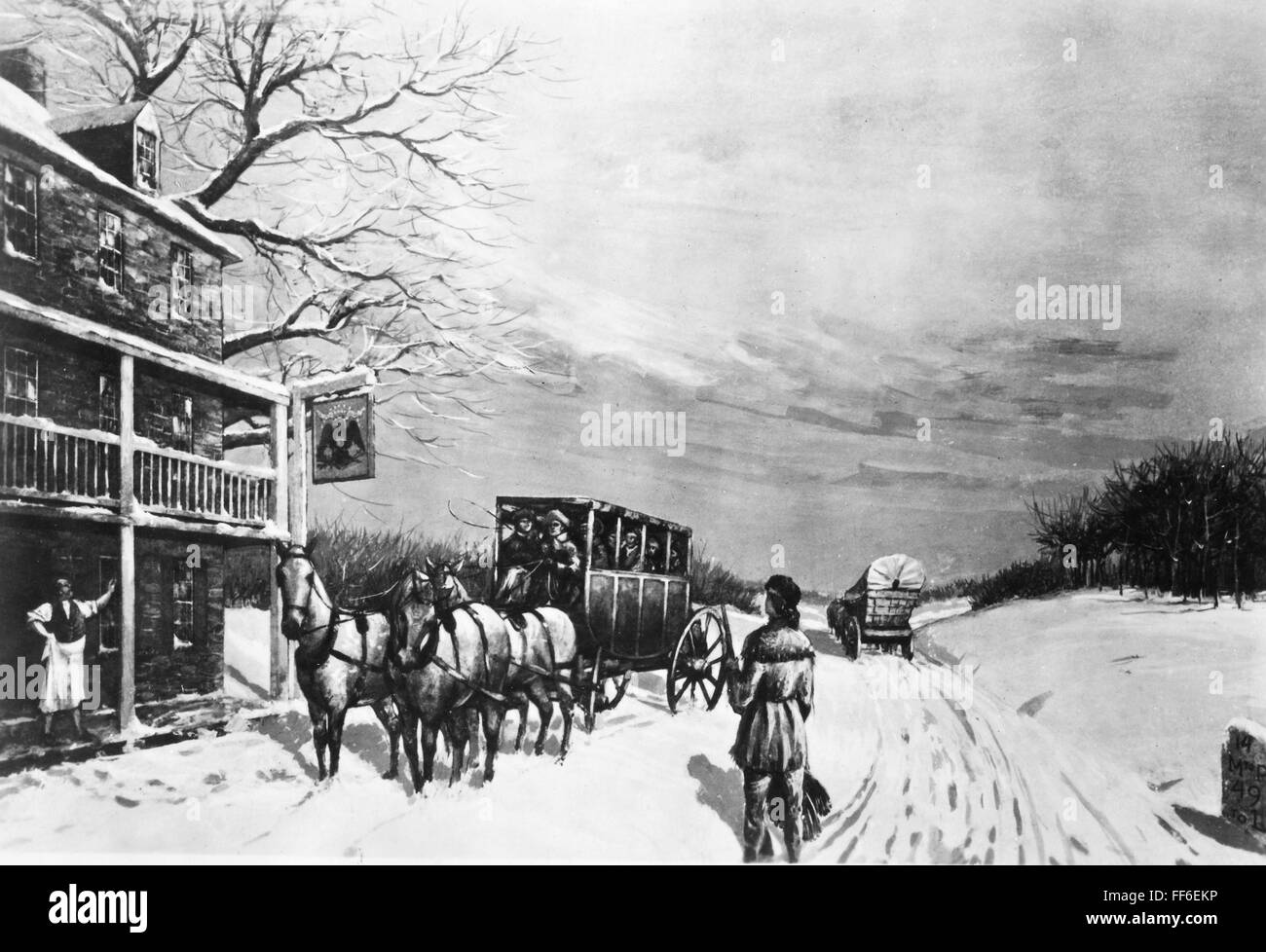 SNOWY TURNPIKE, 1795. /nA snowy day on the Lancaster, Pennsylvania ...