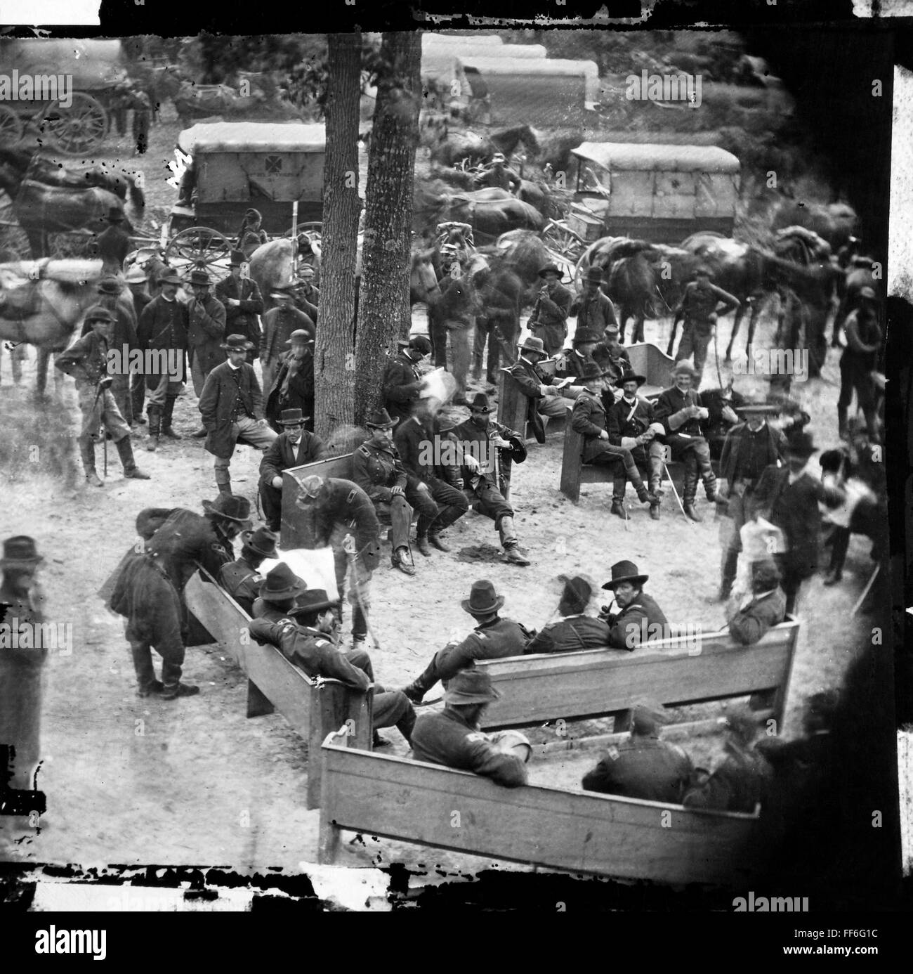 COLD HARBOR, 1864. /nGeneral Ulysses S. Grant leans over the back of a ...