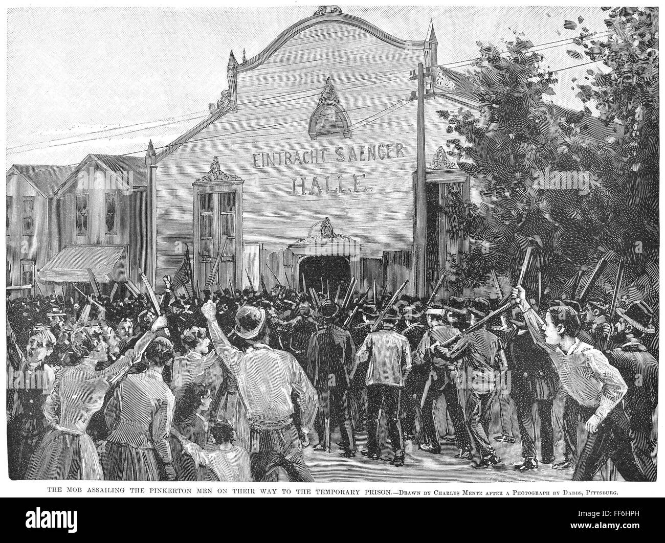 HOMESTEAD STRIKE, 1892. /n'The Mob Assailing the Pinkerton Men on Their ...