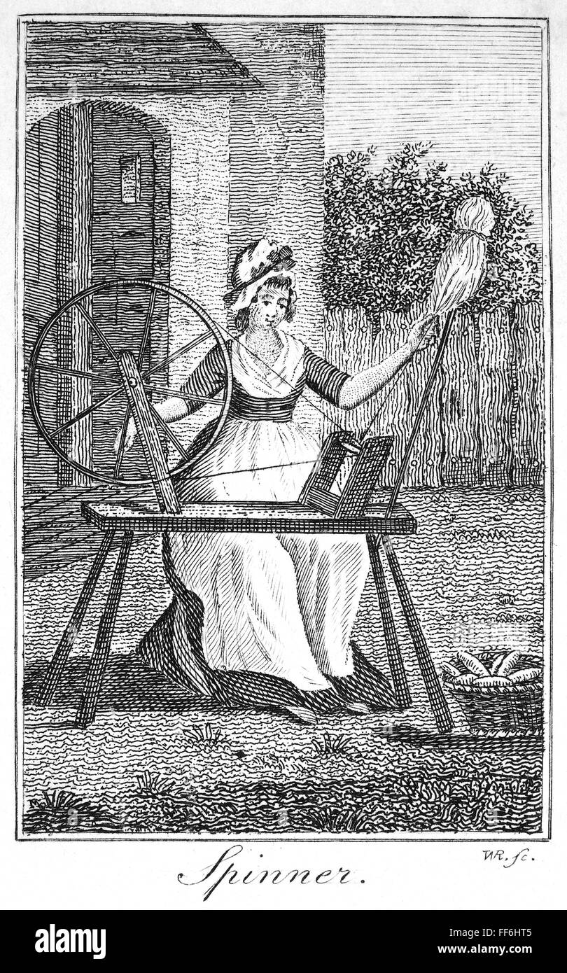 TEXTILE MANUFACTURE. /nA colonial American spinner. Line engraving ...