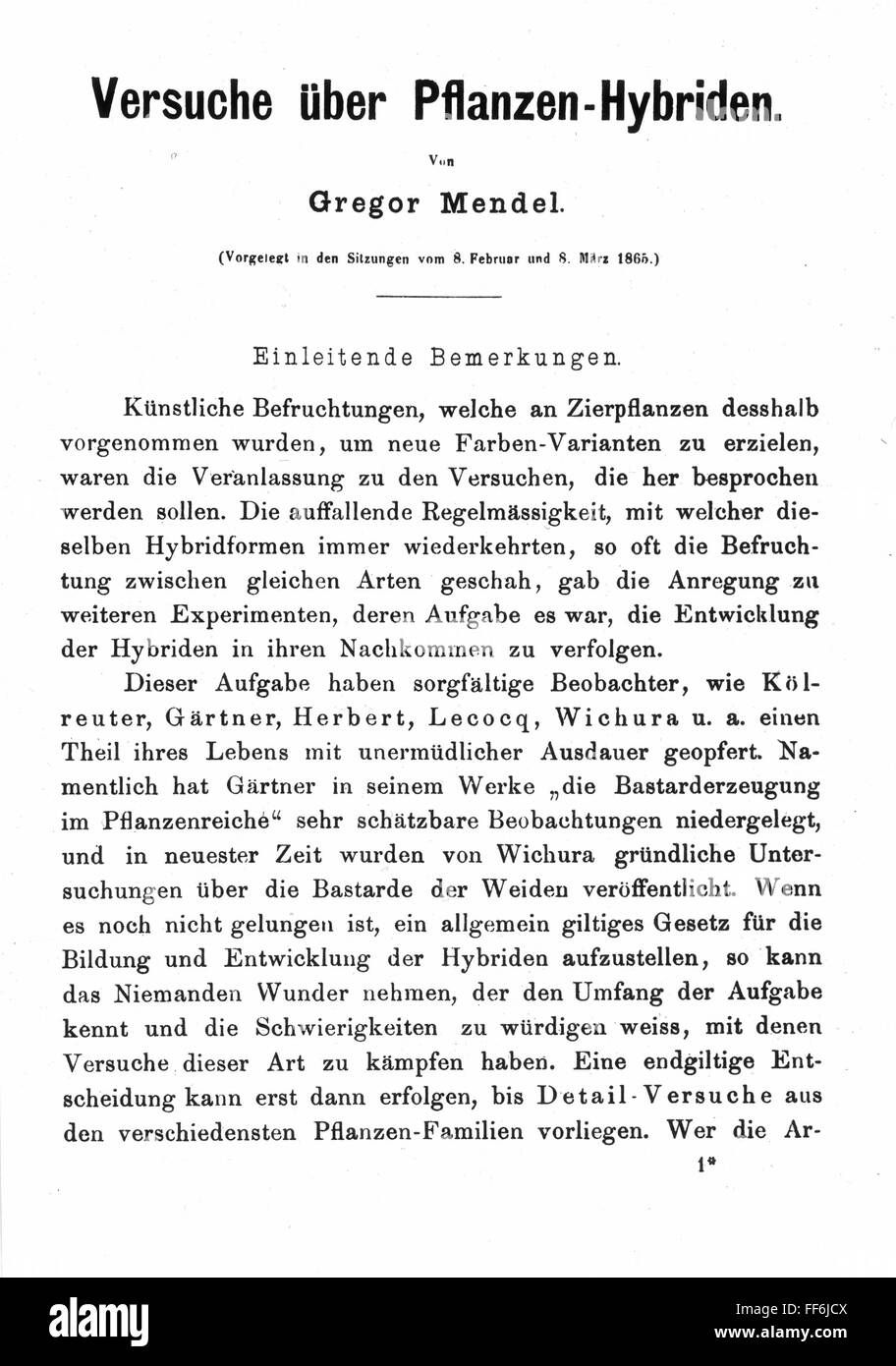 MENDEL: HEREDITY THEORY. /nThe first page of Gregor Mendel's paper ...