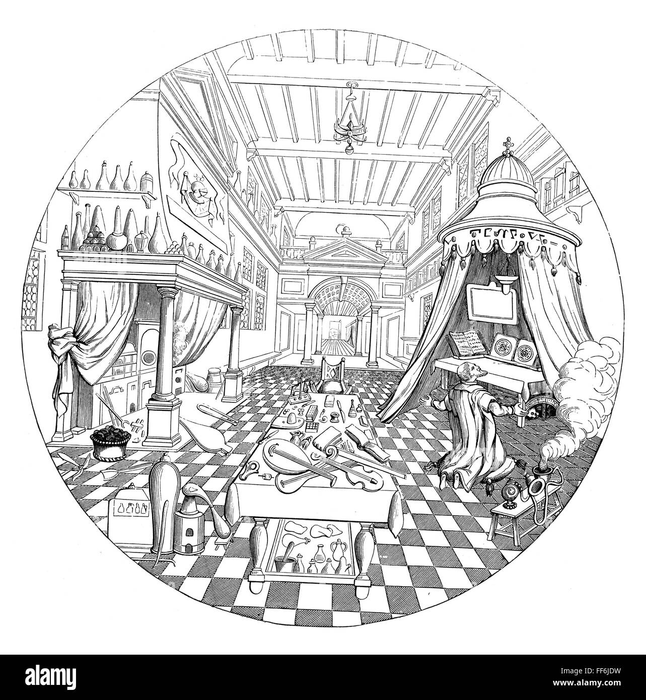 ALCHEMIST./nWood engraving after a Dutch engraving of the 16th or 17th ...