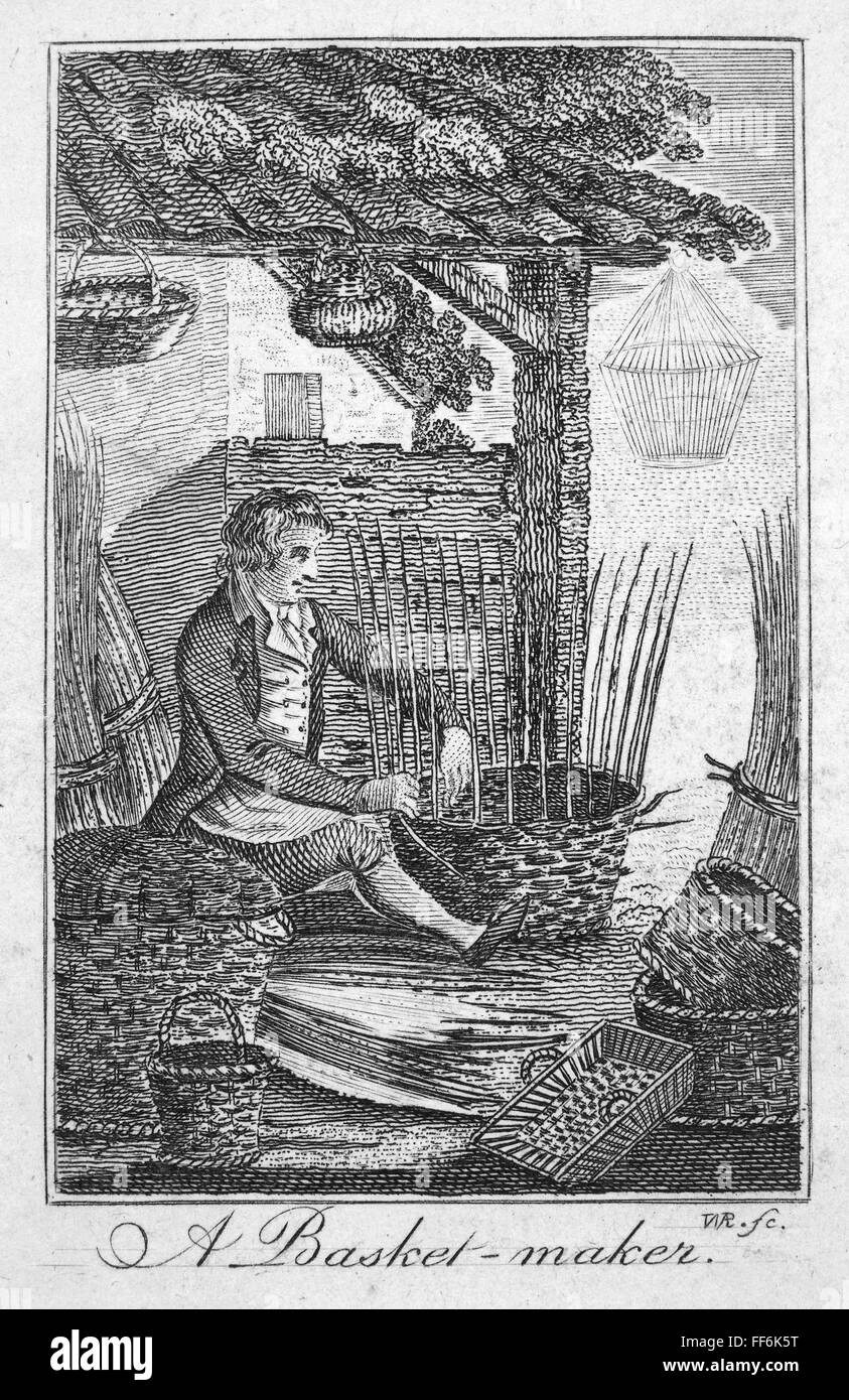 COLONIAL BASKETMAKER. /nA colonial American basketmaker. Line engraving ...