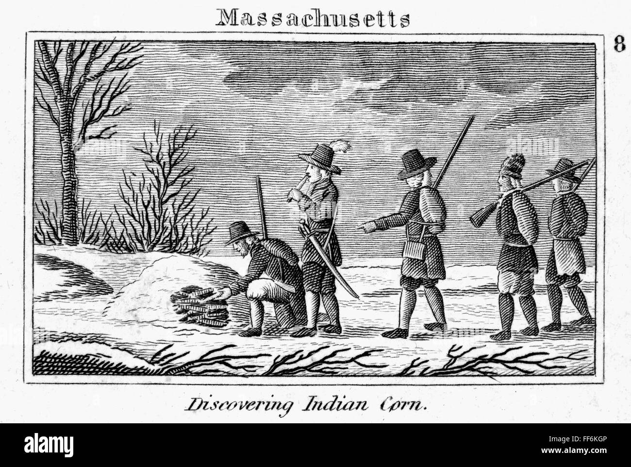 PILGRIMS: NATIVE AMERICAN CORN. /nPilgrims discovering Native American ...