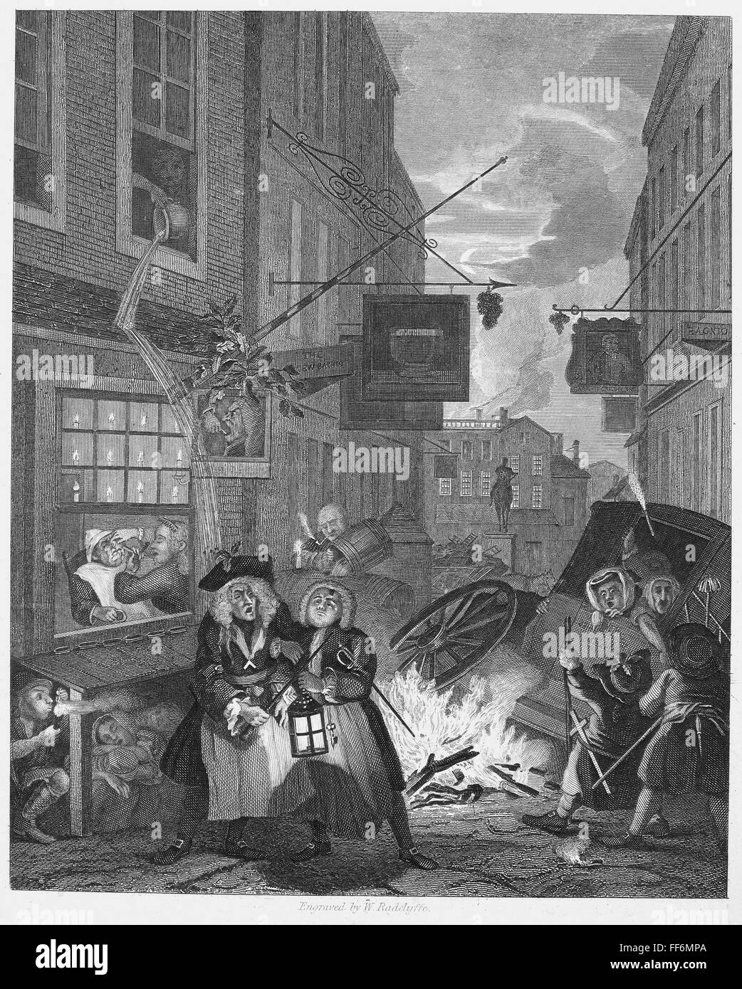 HOGARTH: FOUR TIMES OF DAY. /n'Night.' Steel engraving after the ...