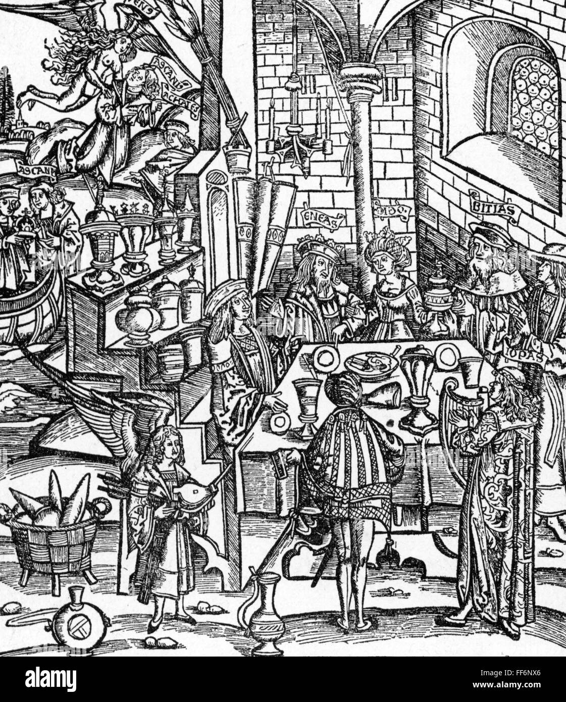 music, musician, bandsmen at a Royal dinner table, woodcut to a edition ...