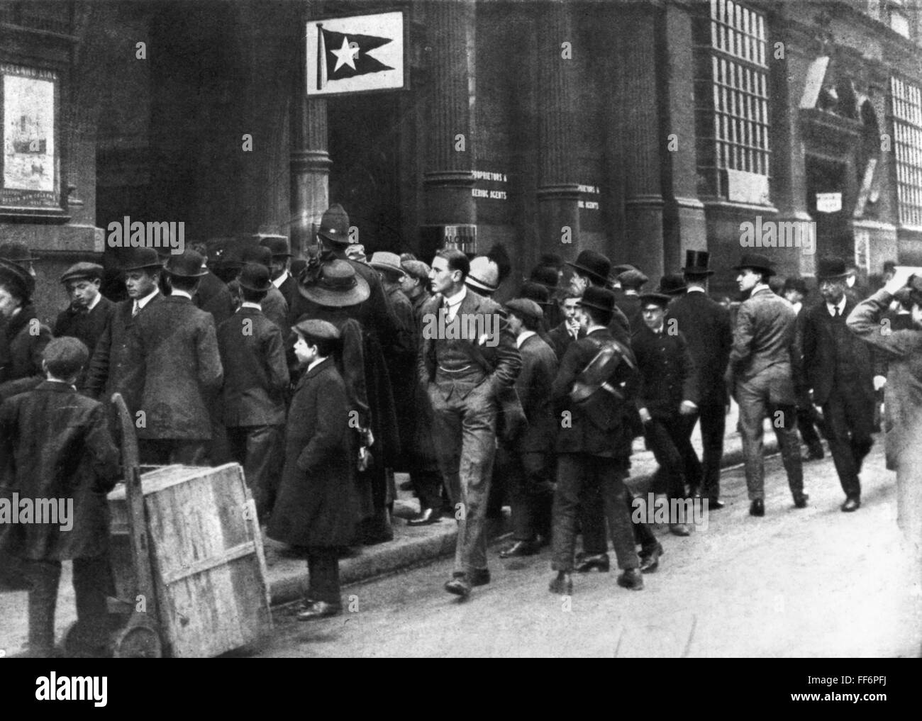 TITANIC: WHITE STAR LINE. /nA crowd gathers at the office of White Star ...