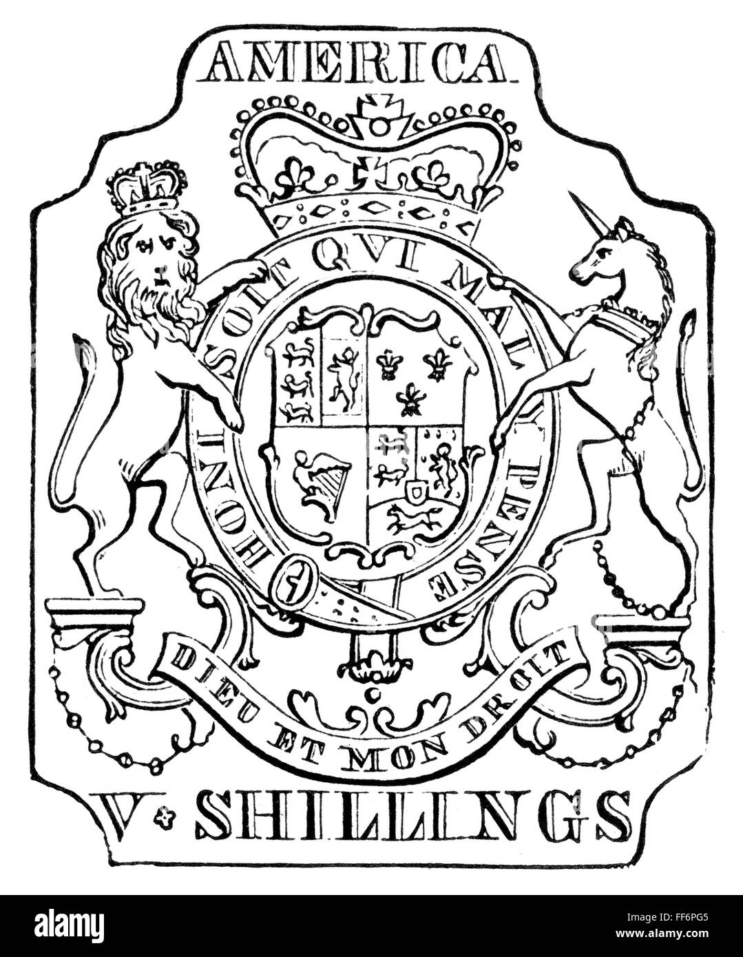 TAX STAMP, 1765-66. /nA 5-shilling tax stamp issued by the British ...