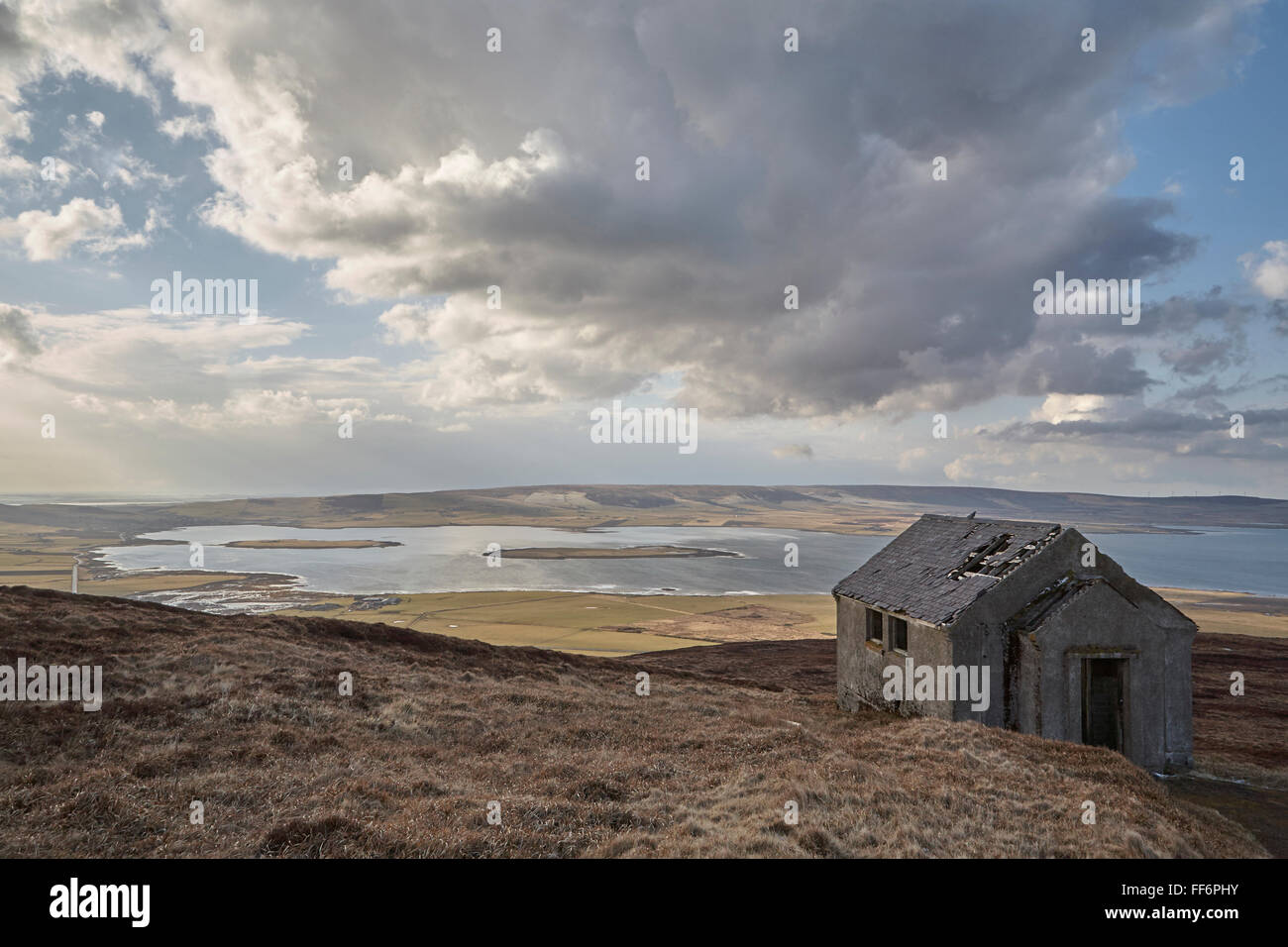 Orkney, Mainland, Wideford Hill, Ruined building with cloudy vista ...