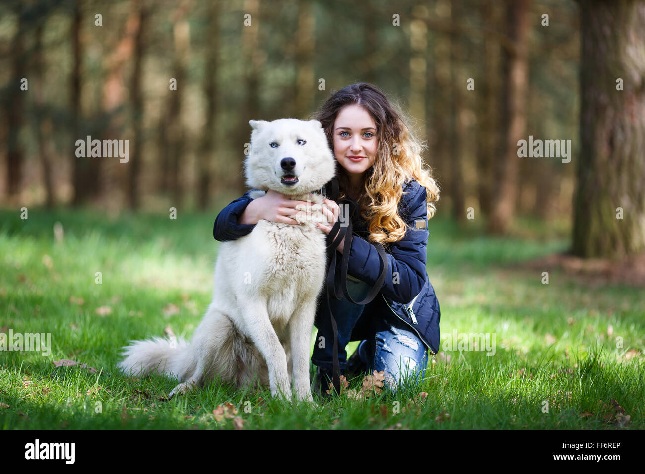 Happy young girl embracing husky dog in a forest at spring time Stock ...