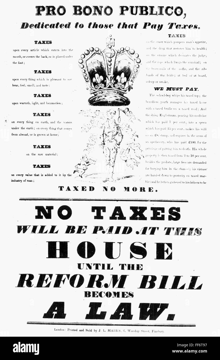 REFORM BILL POSTER, 1832. /nAn 1832 placard of passive resistance used ...