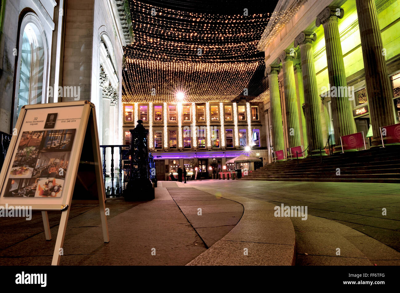 Royal Exchange Square in Glasgow city centre lit up at night Stock ...