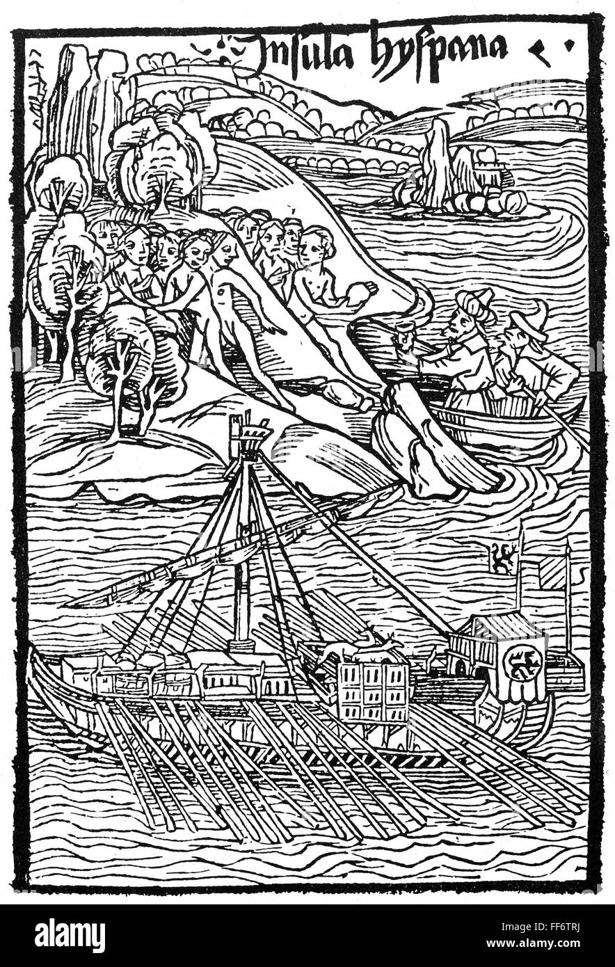 COLUMBUS: HISPANIOLA, 1492. /nChristopher Columbus trading with the ...