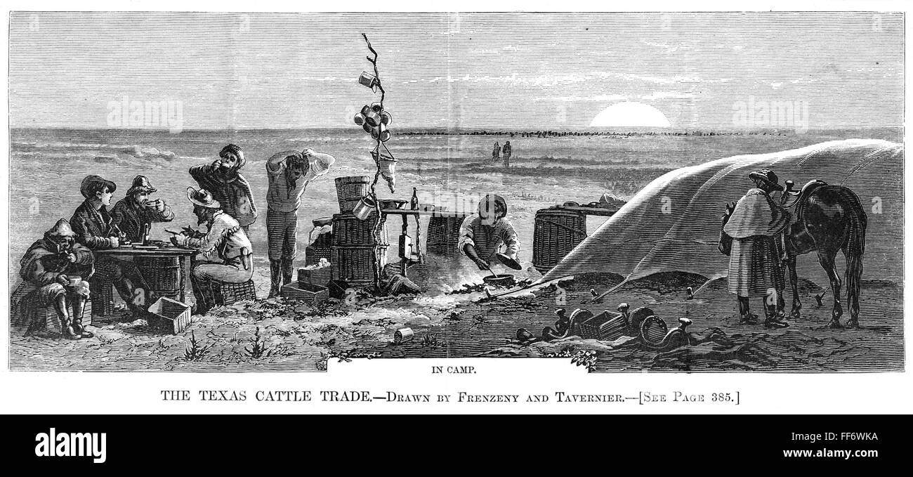 TEXAS CATTLE TRADE, 1874. /nTrail drivers making camp in Kansas on ...