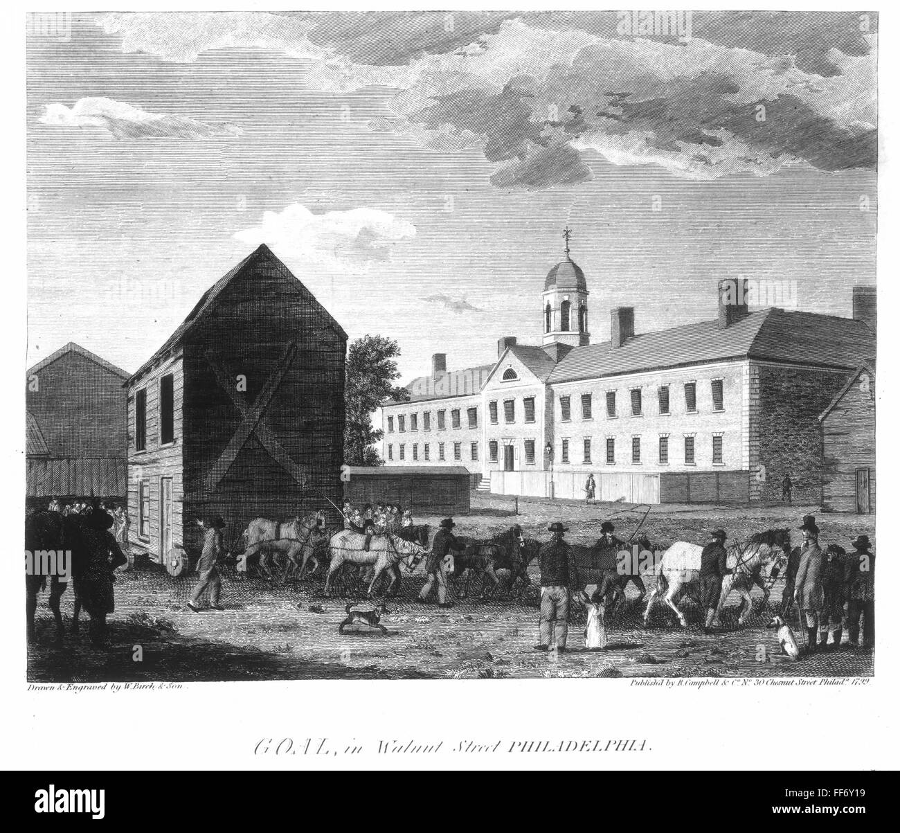 WALNUT ST., PHILADELPHIA. /nA house being moved past the jail in Walnut ...