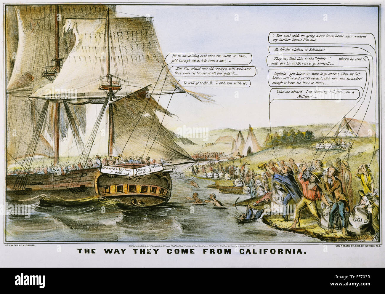 GOLD RUSH CARTOON, 1849. /n'The Way They Come from California'. Cartoon ...