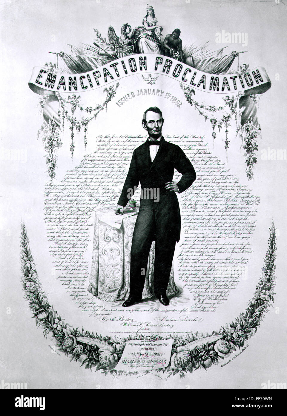 EMANCIPATION PROCLAMATION. /nLithograph, 1865, commemorating President ...
