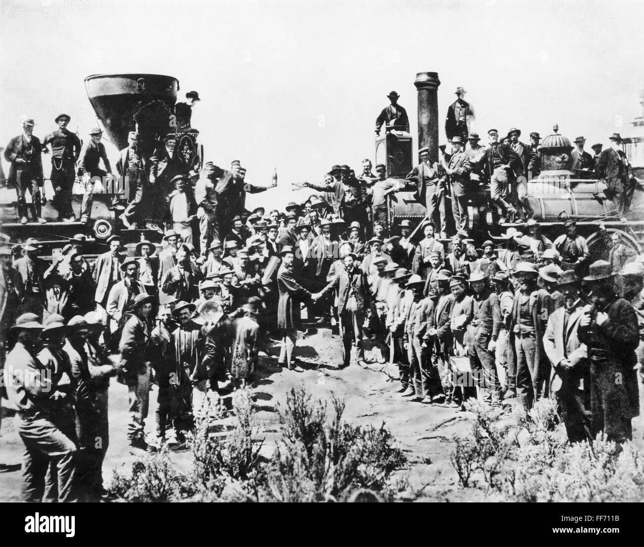 RAILROADING./nThe joining of the Central Pacific (left) and the Union ...