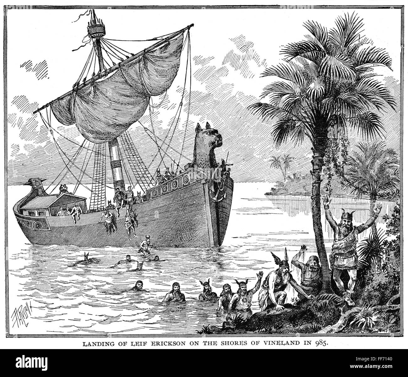 LANDING OF LEIF ERICSSON /non the shores of Vinland, c1000. Line ...
