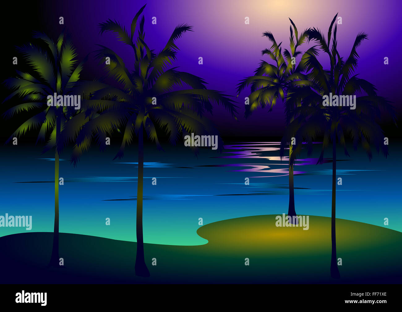 Tropical landscape. Ocean, palm trees, night Stock Photo - Alamy