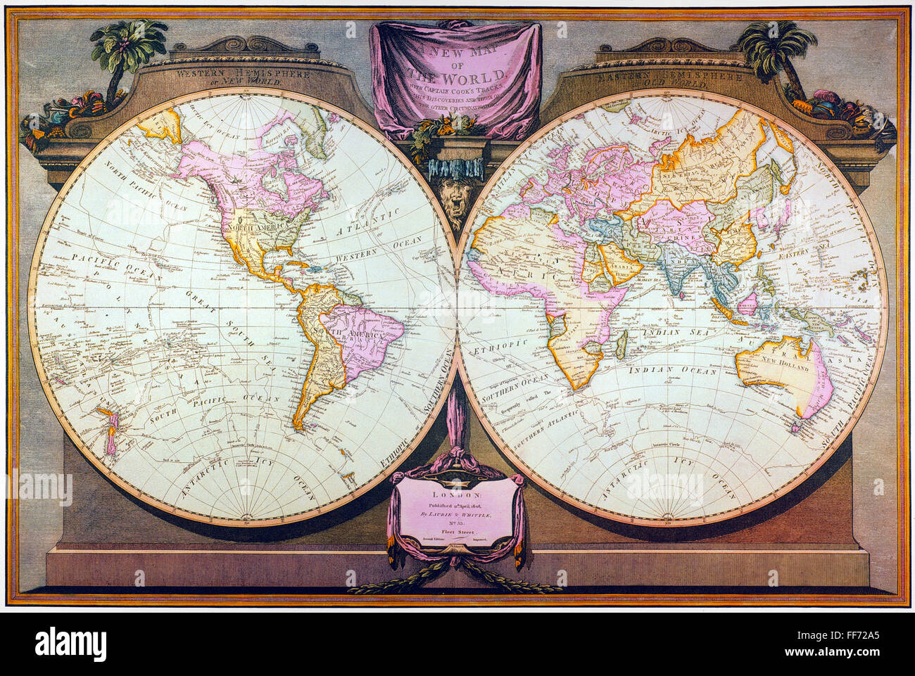 CAPTAIN COOK: MAP, 1808. /nEnglish double hemisphere map, 1808, by ...