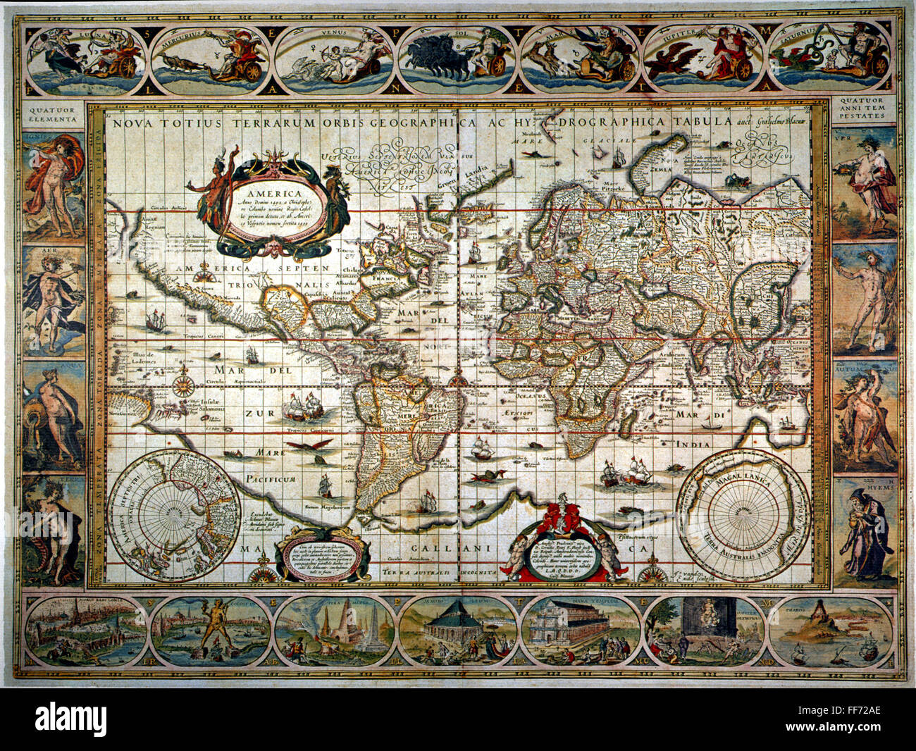 WORLD MAP, 1635. /nBy Willem Janszoon Blaeu, with two polar insets in the body of the map and ...
