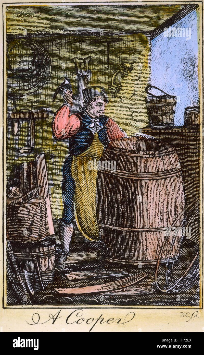 COLONIAL COOPER, 18th C. /nA colonial American cooper. Color line ...