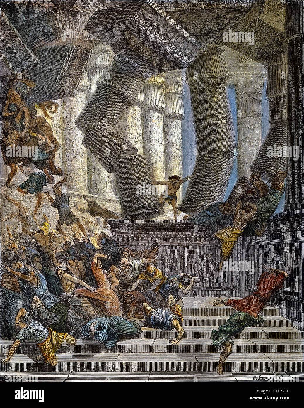 DEATH OF SAMSON. /n(Judges 16:30). Color engraving after Gustave DorΘ ...