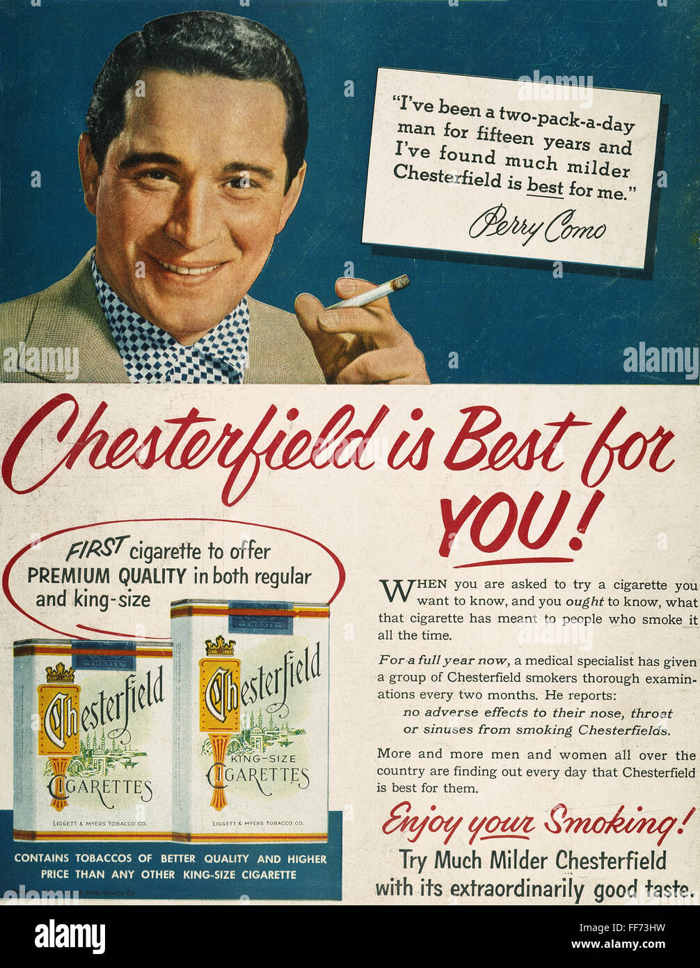 CHESTERFIELD CIGARETTE AD. /nSinger Perry Como endorsing Chesterfield ...