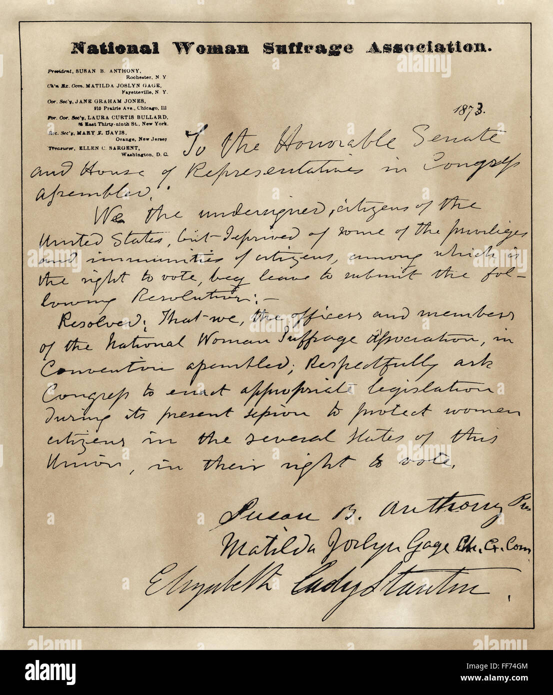 WOMEN'S RIGHTS PETITION. /nPetition, signed by Susan B. Anthony and ...