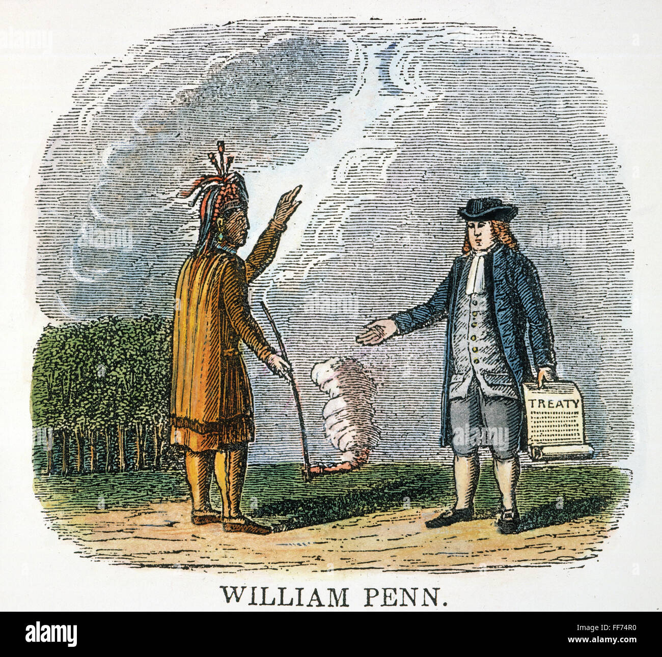 WILLIAM PENN (1644-1718) /ntreating with a Native American chief. Color ...