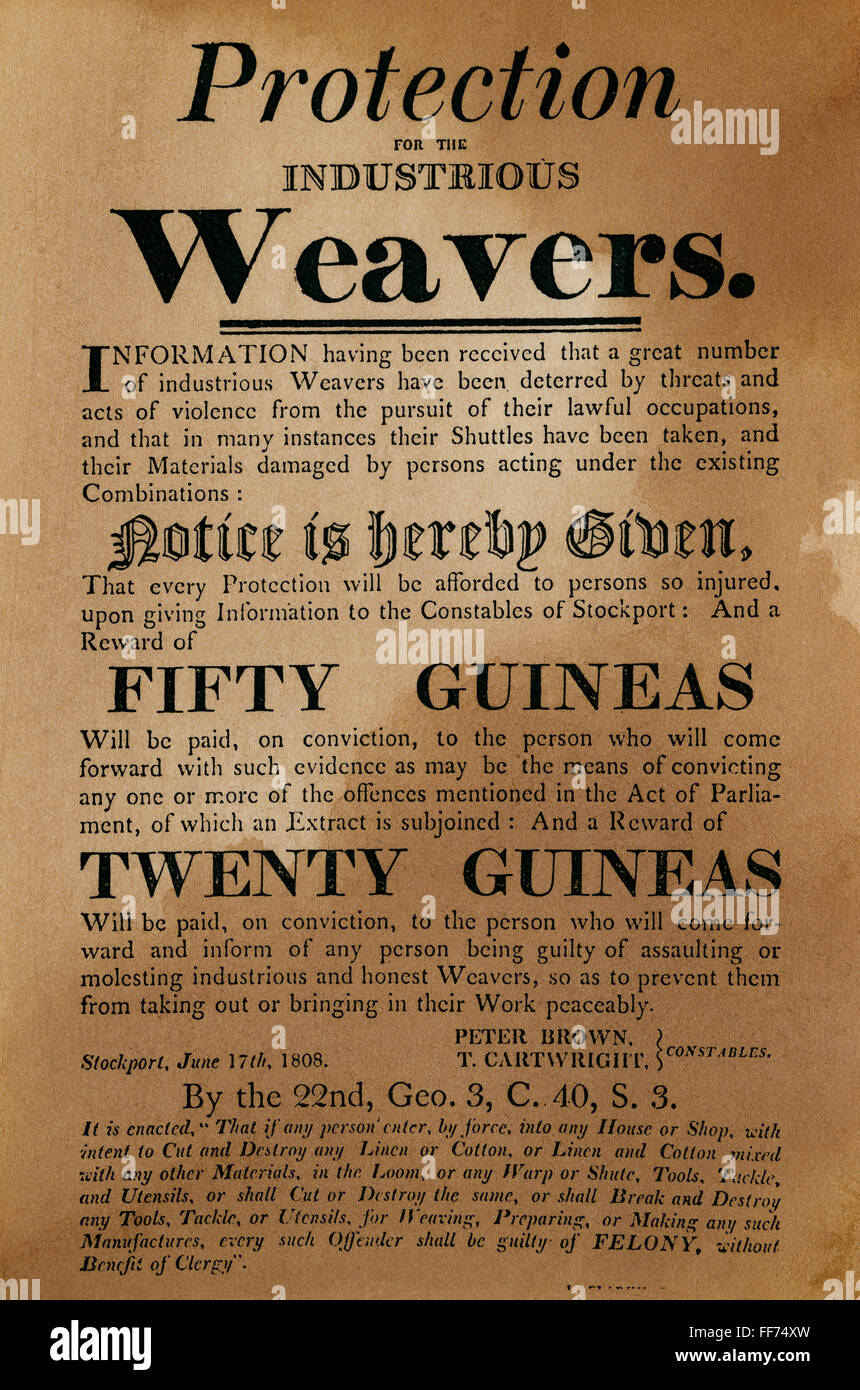 LUDDITE PLACARD, 1808. /nPlacard, pointing to the industrial unrest ...